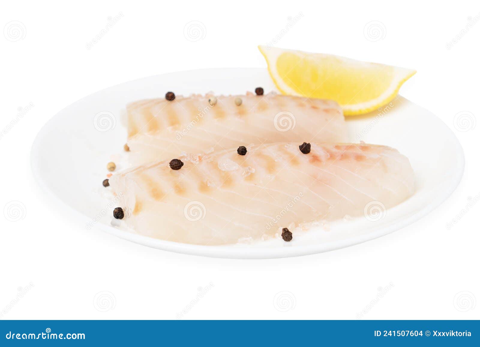 Cod Fish Raw Pieces on the Plate Spiced with Salt and Peppercorns ...