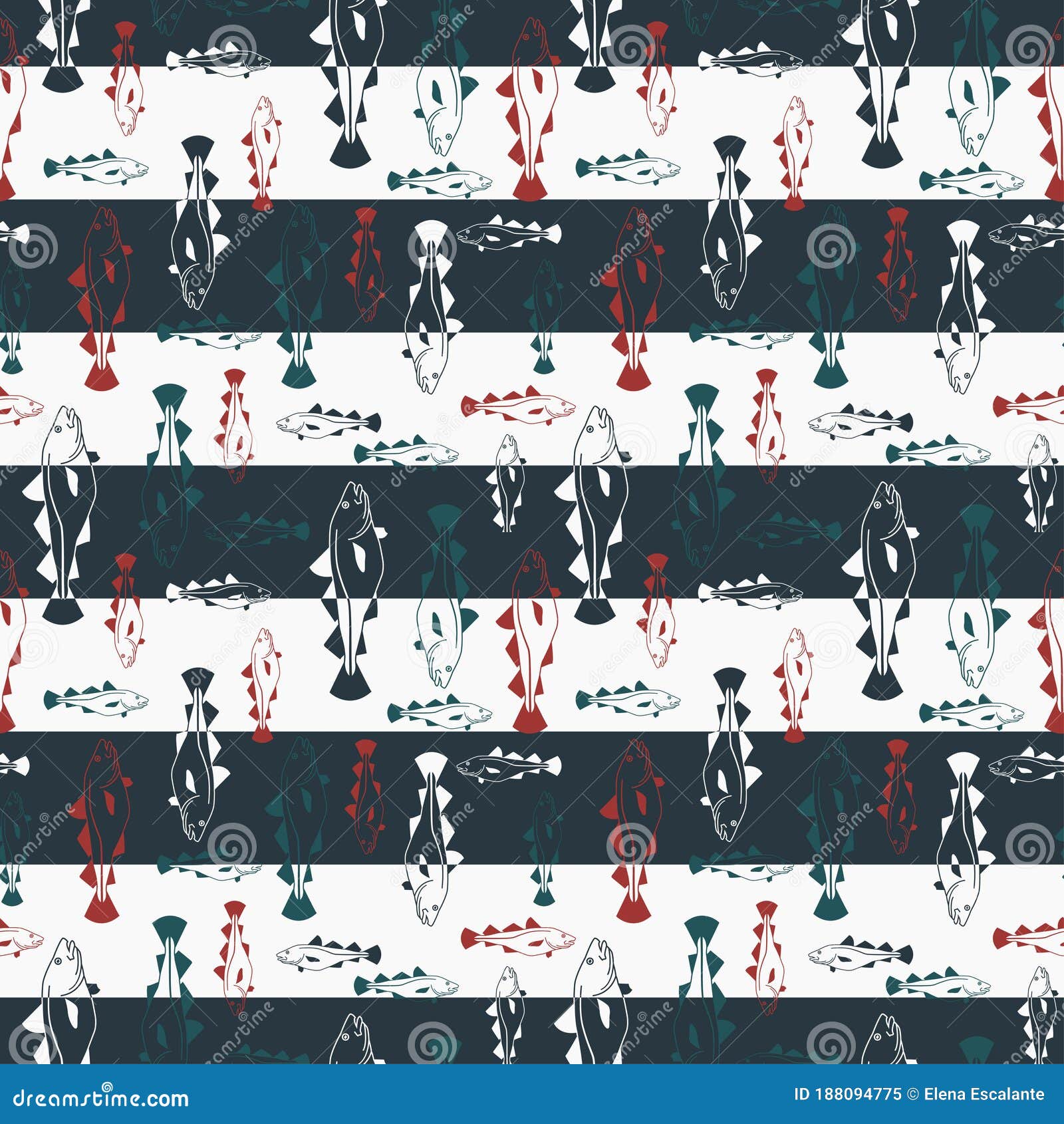Cod Fish Scatter Pattern in Navy Blue Stripes Stock Vector ...
