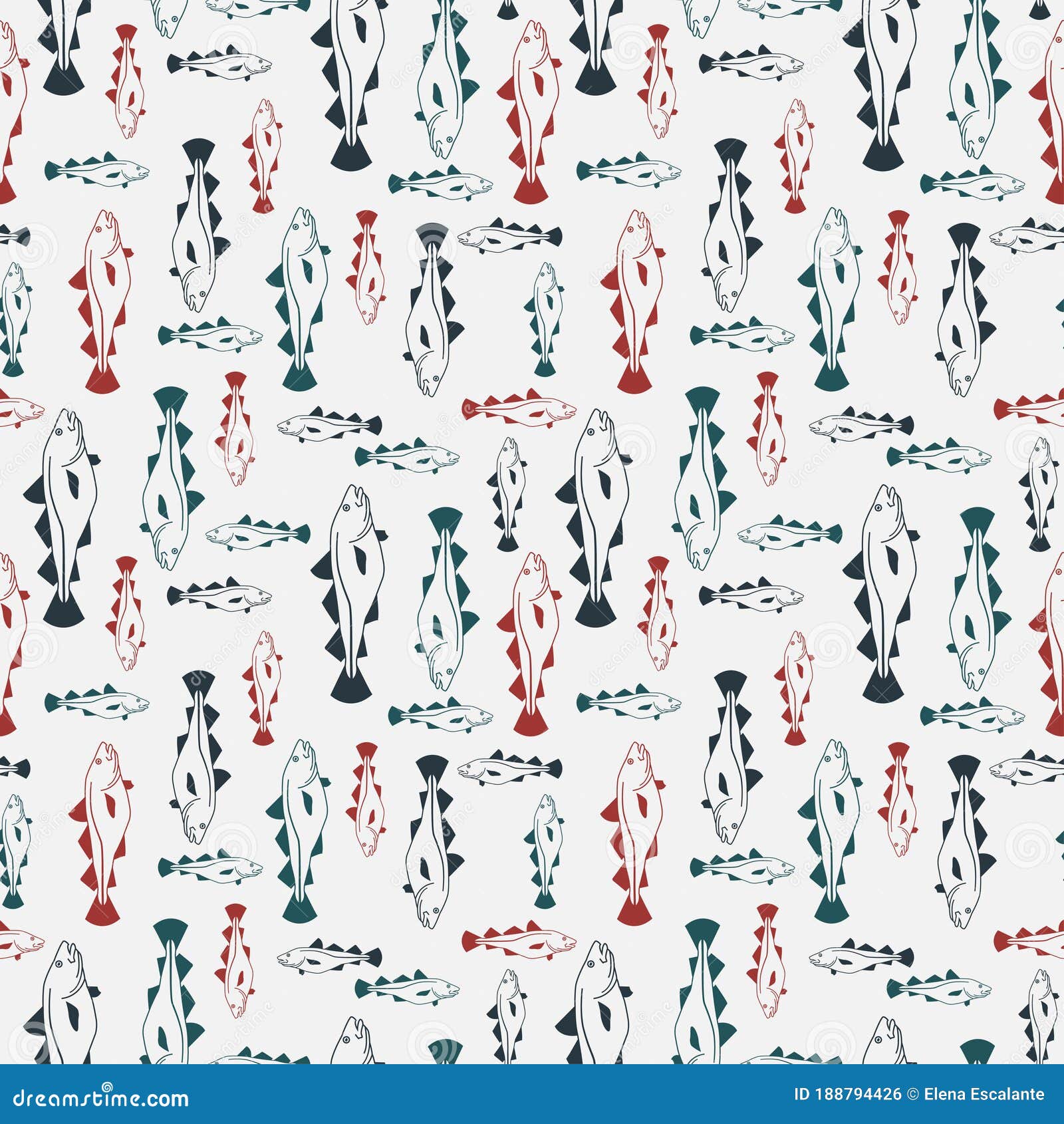 Cod Fish Scatter Pattern in White, Navy Blue and Red Stock Vector ...