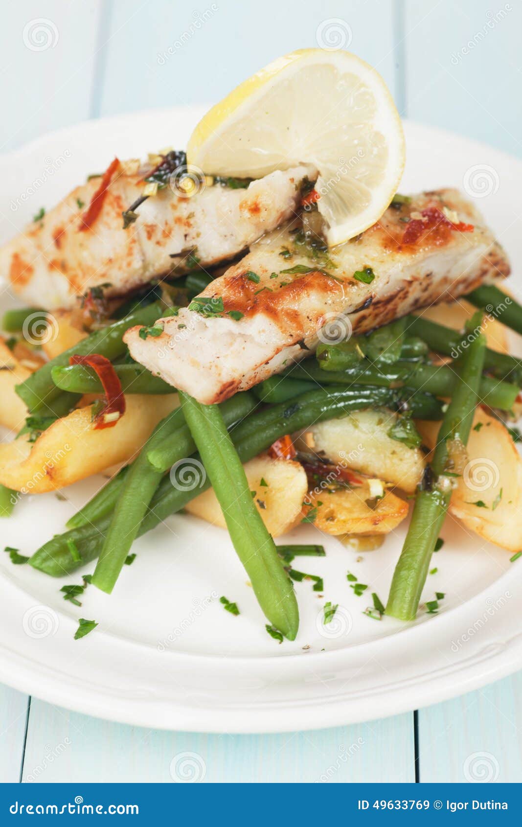 Cod Fish Steak with Potato and Green Beans Stock Image - Image of steak ...