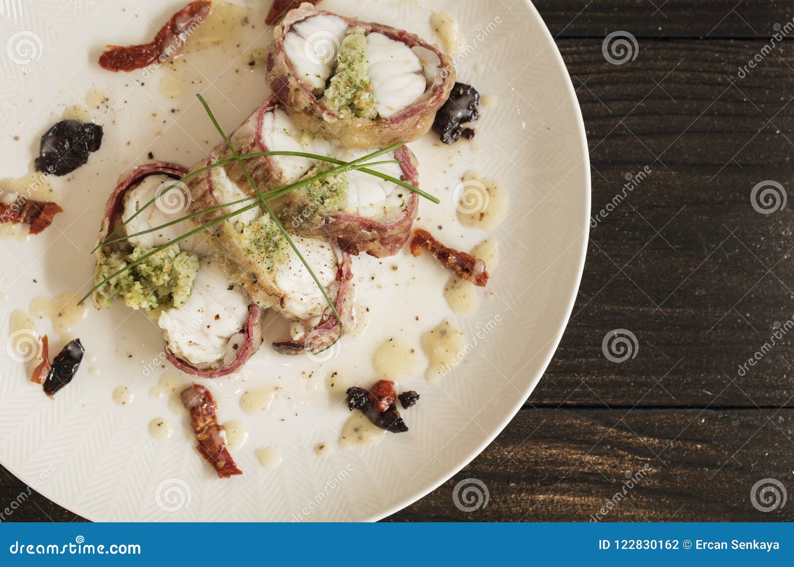 Cod fish wrapped in bacon stock photo. Image of mustard - 122830162
