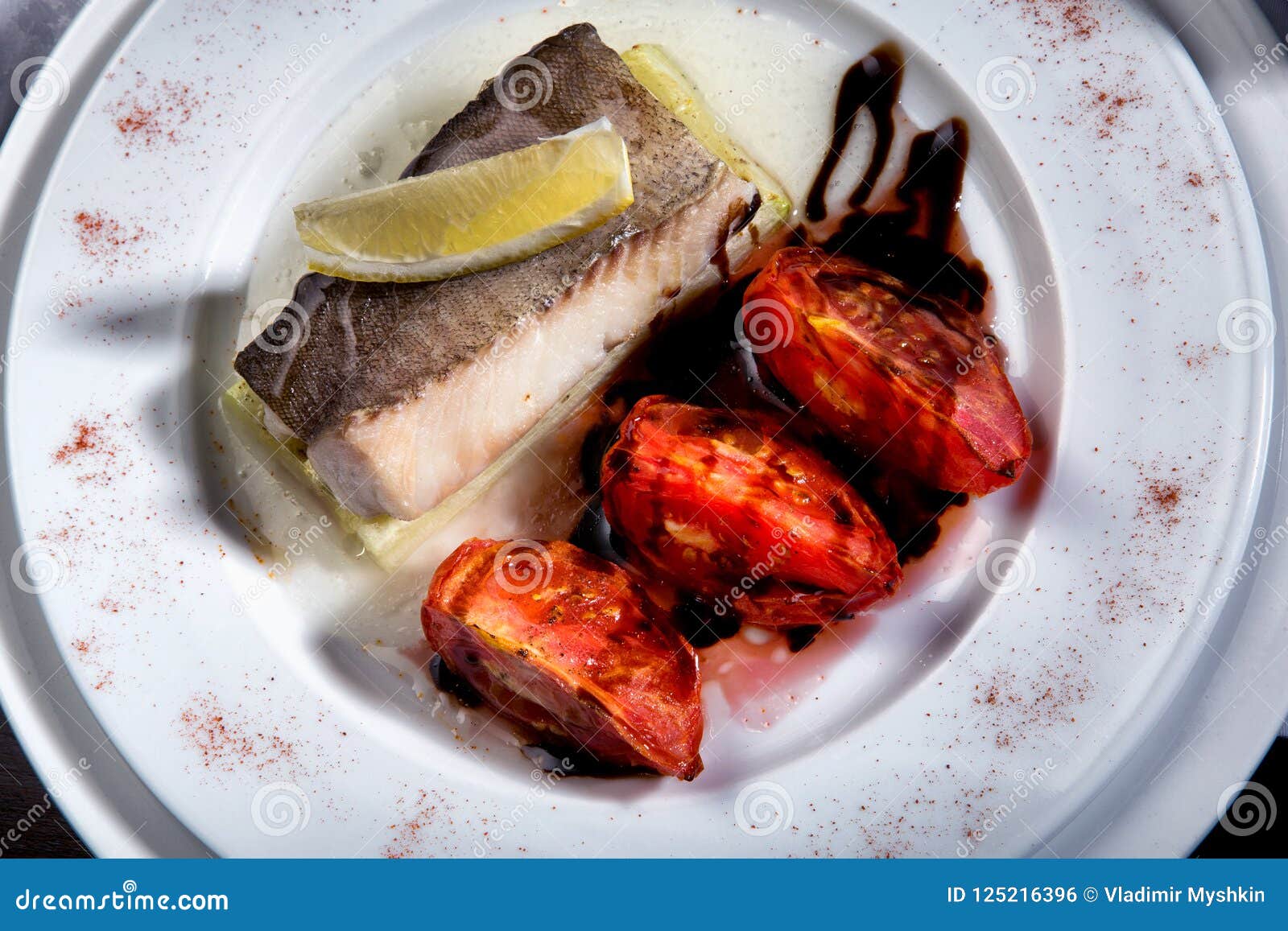 Cod Grilled with Vegetables in White Plate Stock Photo - Image of ...
