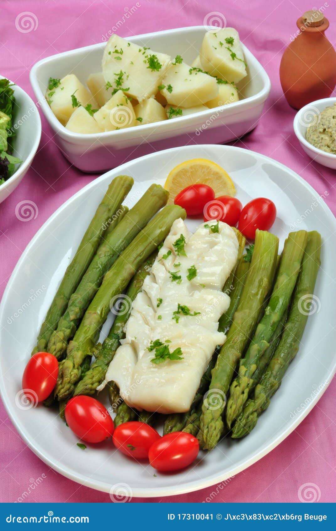 Cod Loins with Green Asparagus and Tomato Stock Image - Image of ...
