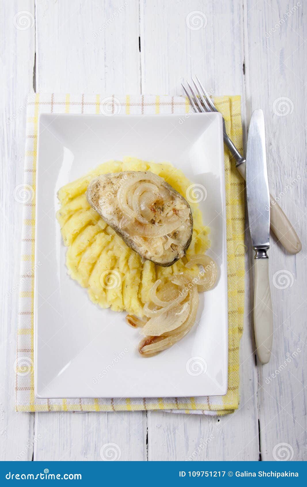 Cod with Mashed Potatoes in a White Plate Stock Image - Image of ...