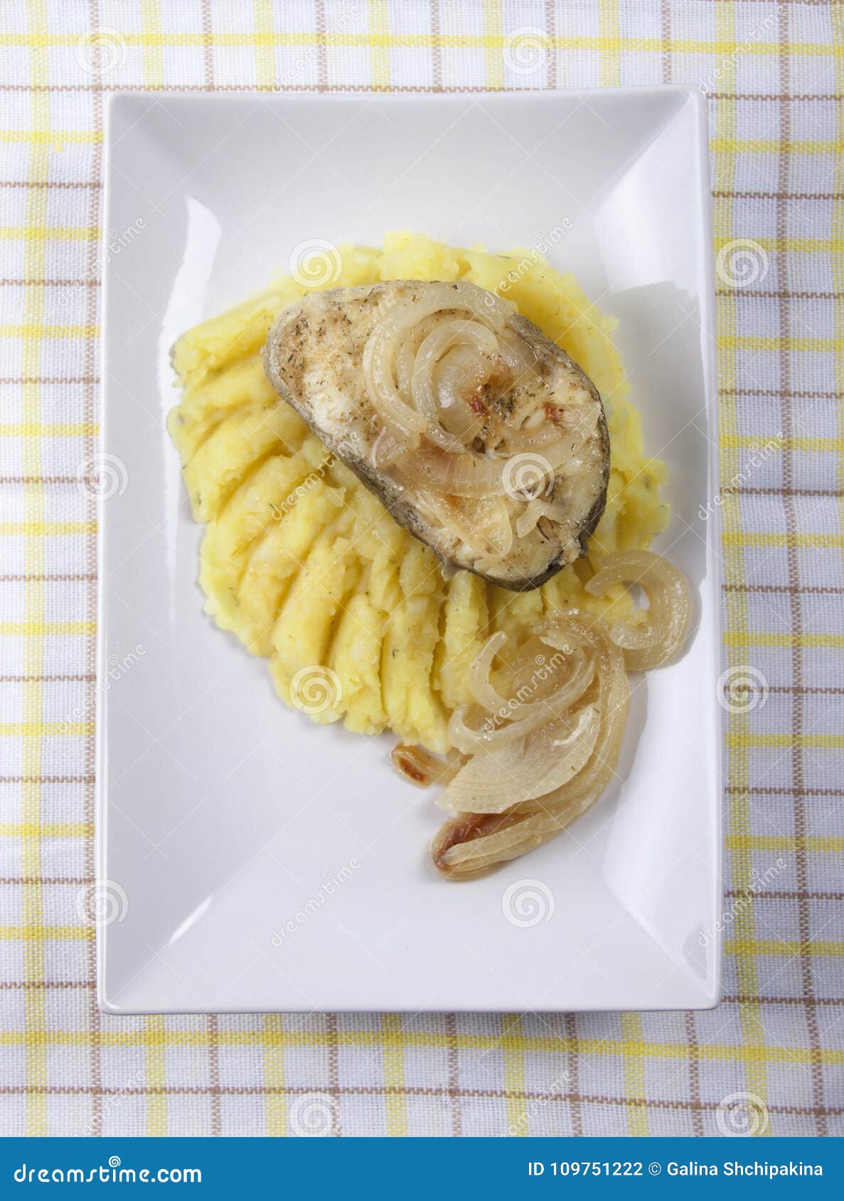 Cod with Mashed Potatoes in a White Plate Stock Photo - Image of onion ...