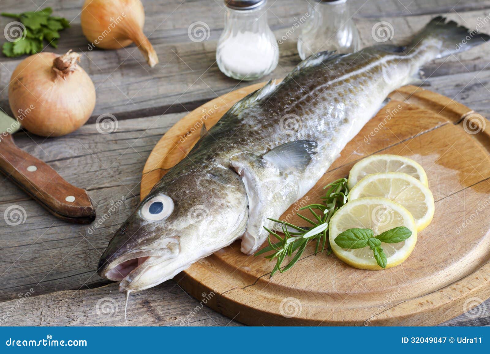Cod Raw Fish on Cutting Board Stock Image - Image of animal, board ...