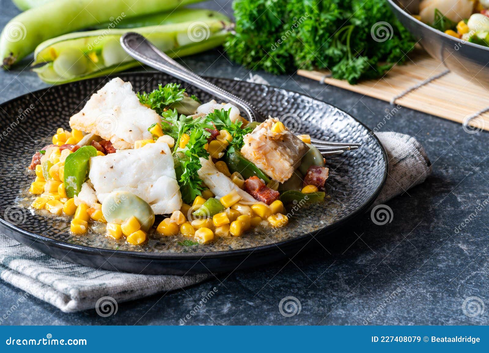Cod and Sweetcorn Succotash Stock Image - Image of beans, garlic: 227408079
