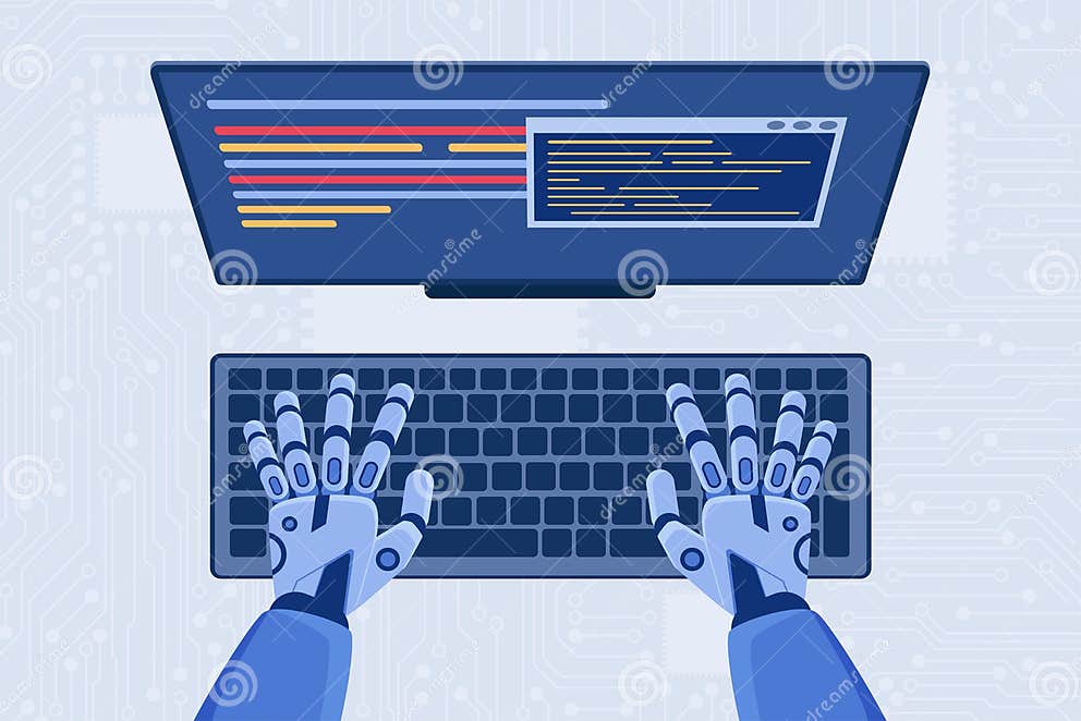 Code Automation Development Programming Using Ai Top View Of Coding Robot Hands Stock Vector 1961