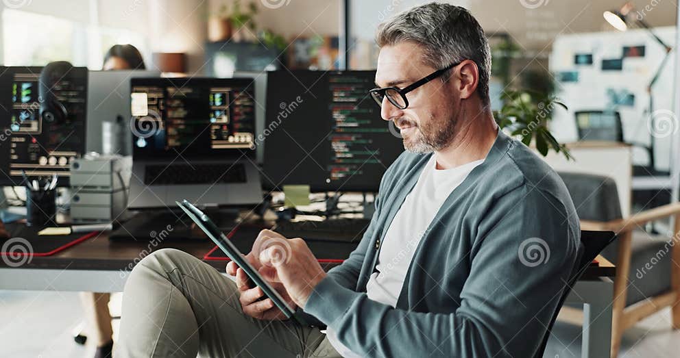 Code, Business Man and Engineer on Tablet for Software Development, Scroll or Update Database ...