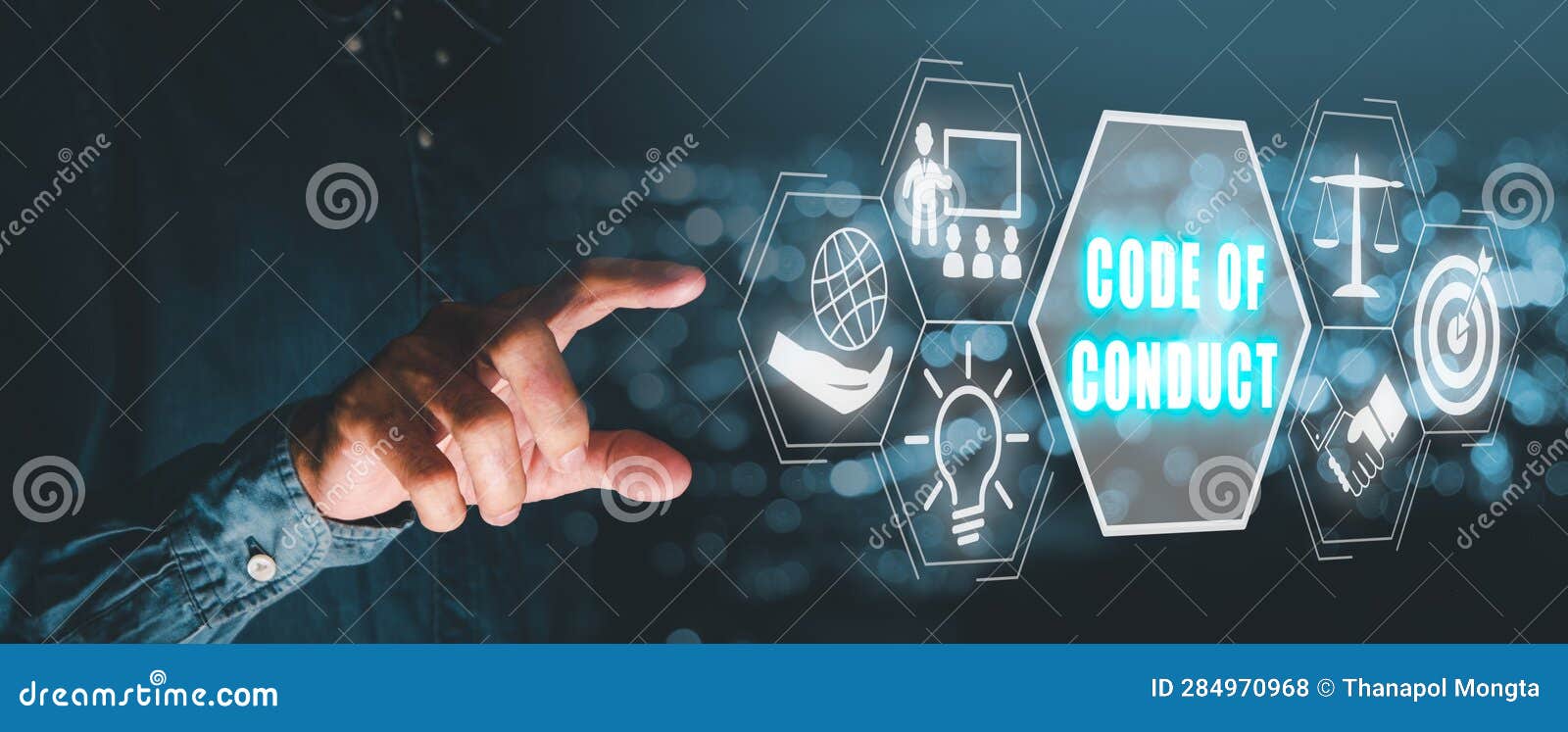 Person Hand Touching Code of Conduct Icon on Virtual Screen with Blue ...