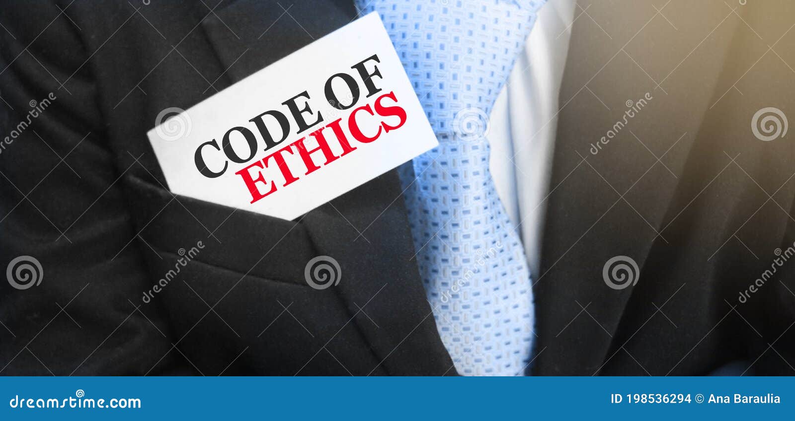 Code of Ethics Words on Card in Businessman Upper Suit Pocket. Business ...
