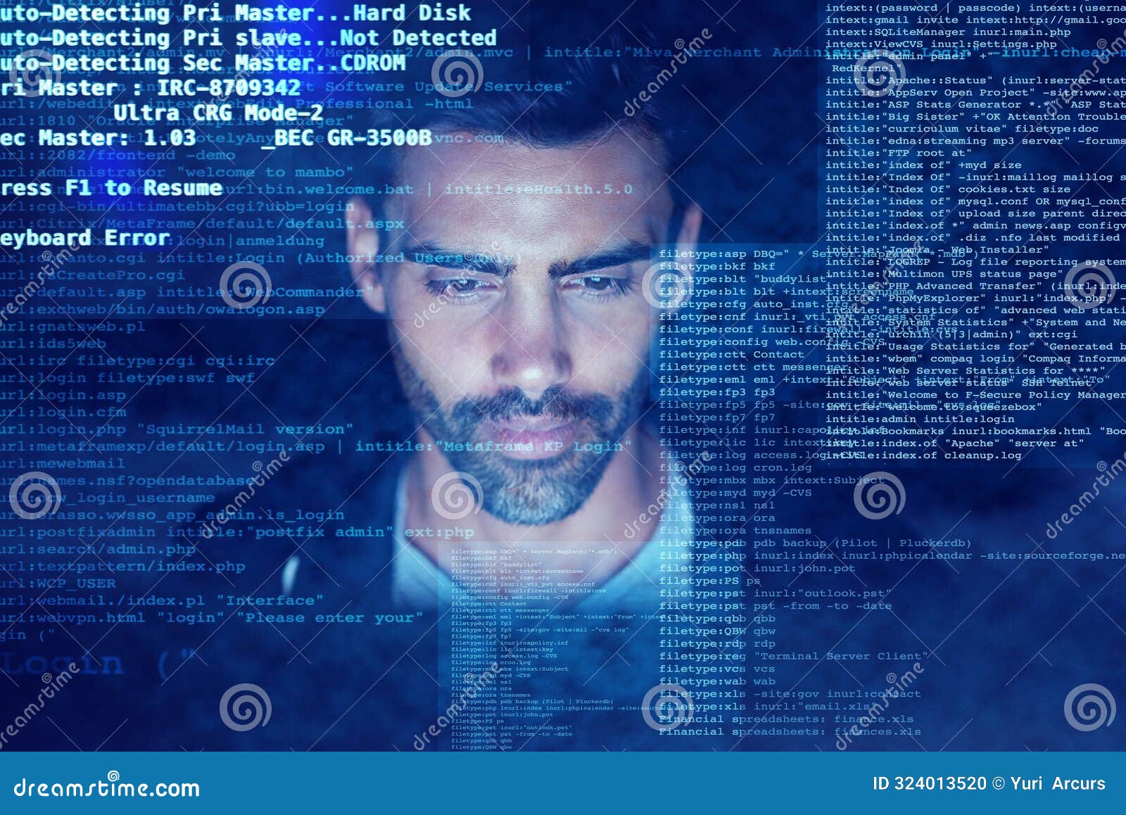 Code, Face and Programming Language with Person at Computer Screen in ...