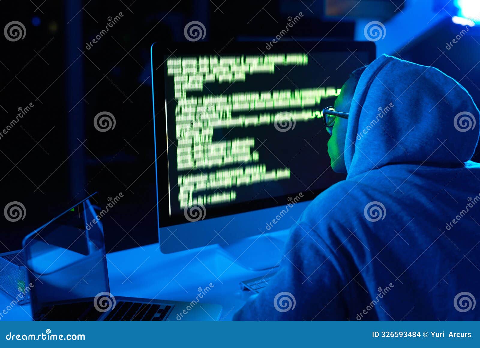 Code, Man or Hacker with Computer or Screen for Cybercrime, Malware or ...