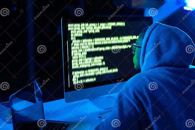 Code, Man or Hacker with Computer or Screen for Cybercrime, Malware or ...