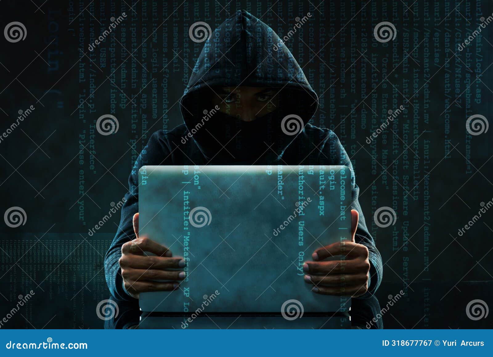 Code Overlay Laptop And Portrait Of Hacker For Programming Coding And