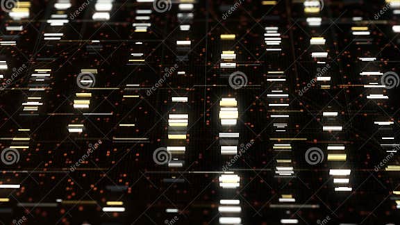Code Processing in Circuit Board, Abstract Server. Animation. Data Moves in the Form of Rows of ...