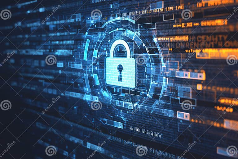 Code Security Padlock Symbol Accompanies Software Development Code on Screen Stock Illustration ...