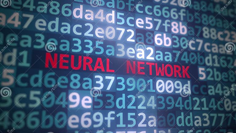 NEURAL NETWORK Text and Source Code on the Computer Monitor, 3D Rendering Stock Illustration ...