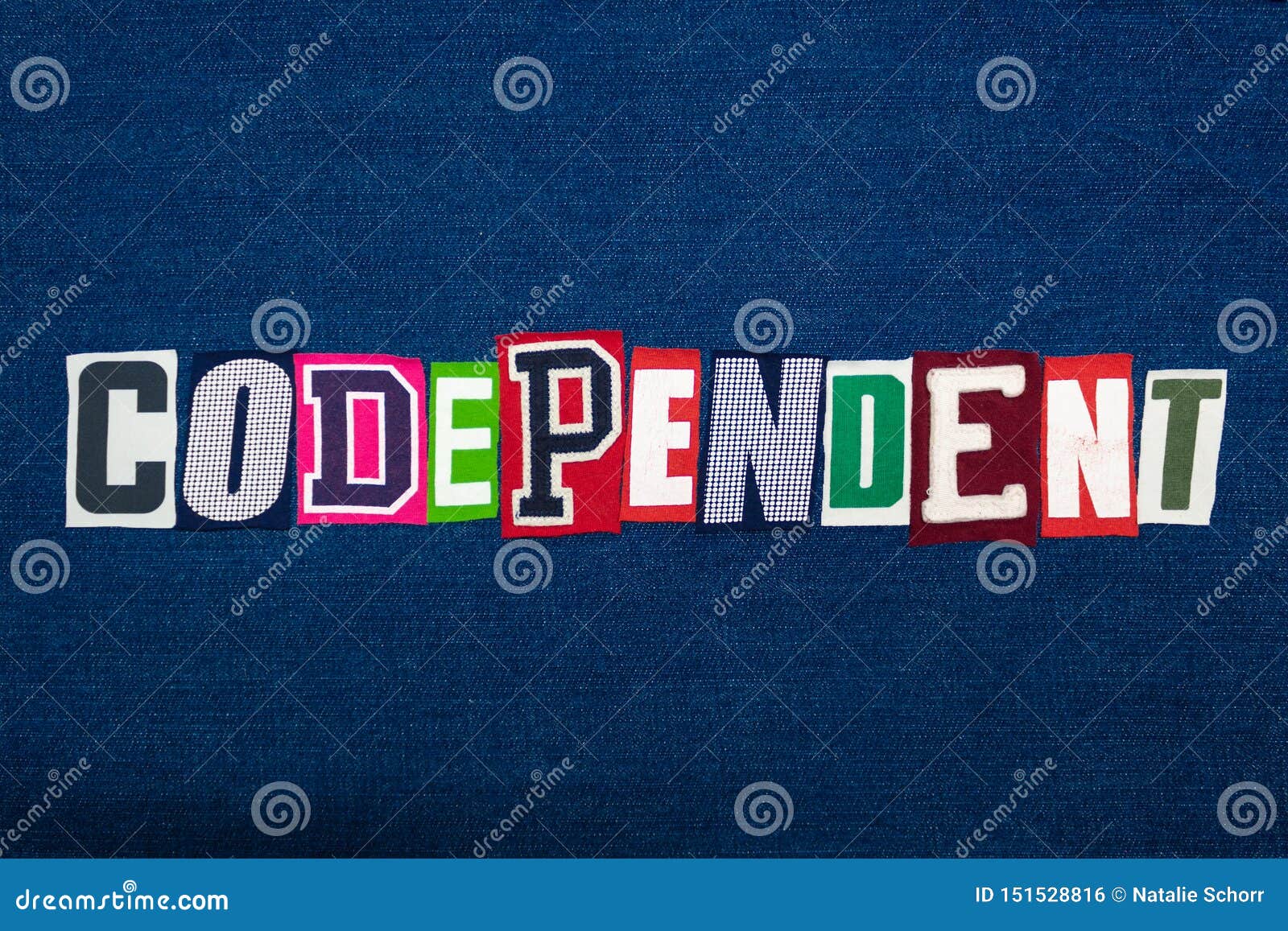 CODEPENDENT Word Text Collage, Multi Colored Fabric on Blue Denim ...