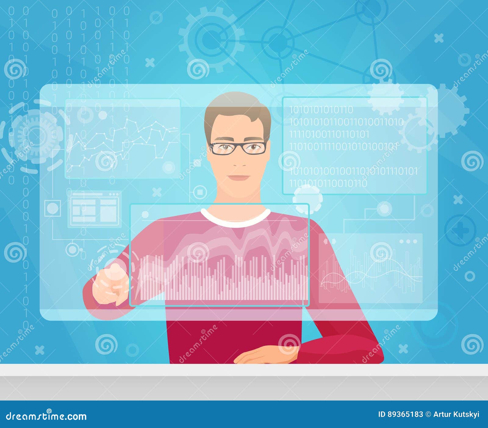 A Coder Looking At The Diagrams And Touching The Computer Screen Vector ...