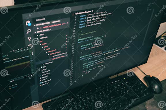 Coder Programmers Working in Office, Programmer Analyst Writing Code - Coding Program on Screen ...