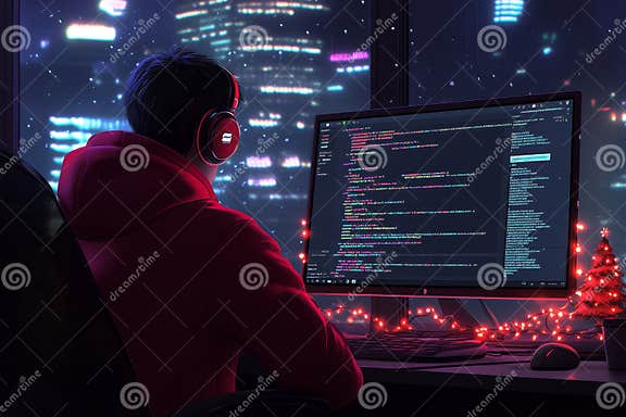 Coders Christmas Night a Programmer Works Late into the Night Coding a ...