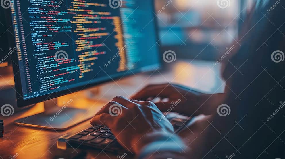 A Coder Typing on a Keyboard with a Focus on the Glowing Screen ...