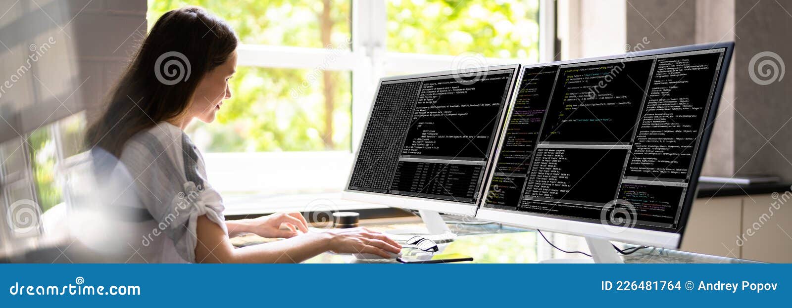 Coder Woman Coding on Computer Stock Photo - Image of code, developer ...