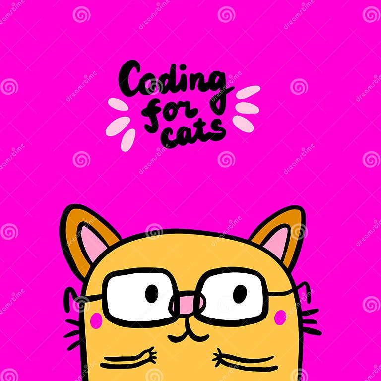 Coding for Cats Hand Drawn Vector Illustration in Cartoon Style Stock ...