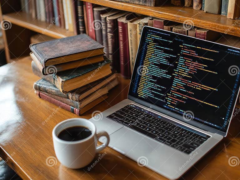 Coding, Coffee, and Classic Books, a Programmer S Peaceful Workspace ...