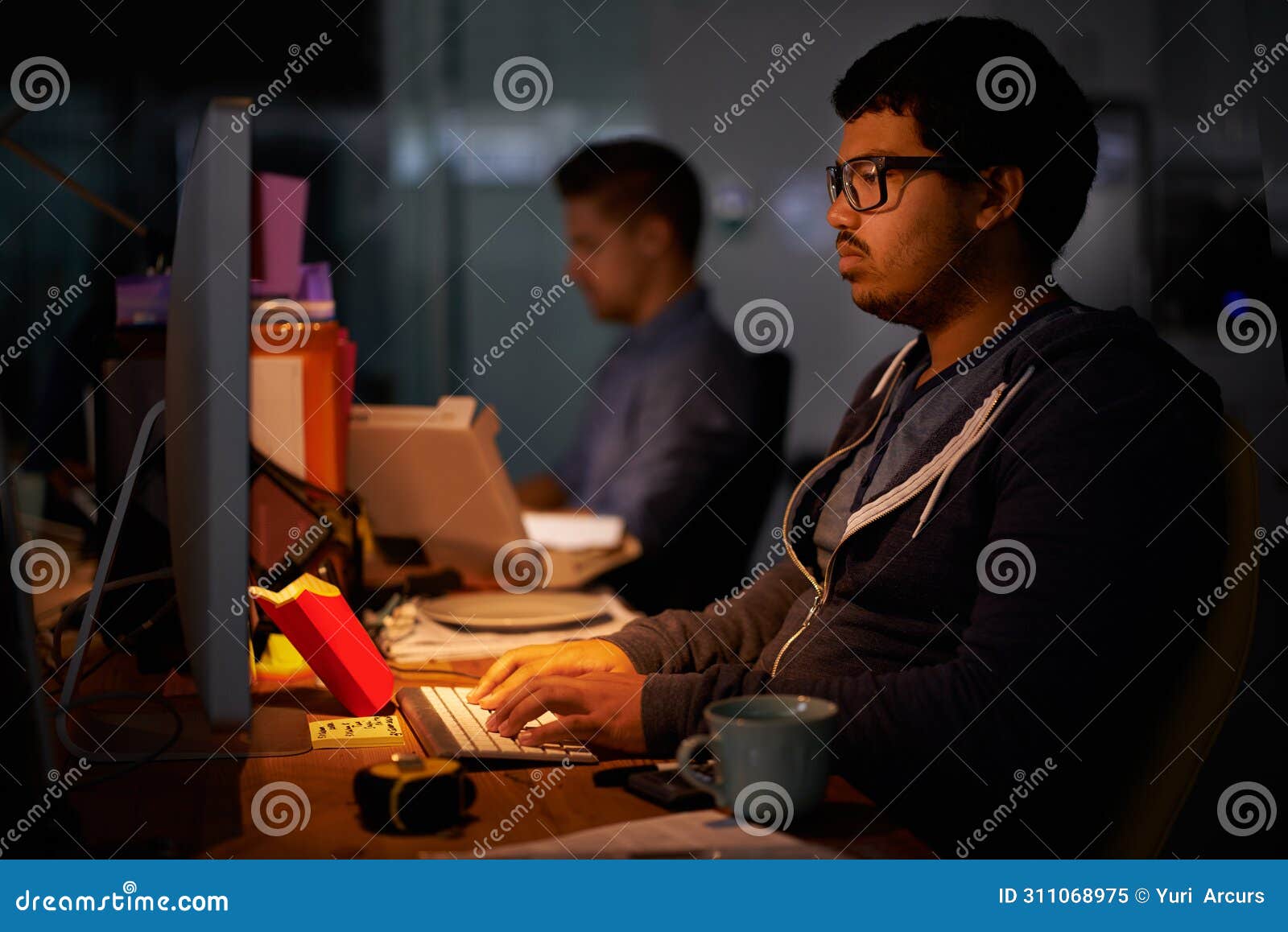 Coding Computer And Night With Programmer Man At Desk In Office For Cyber Security Development