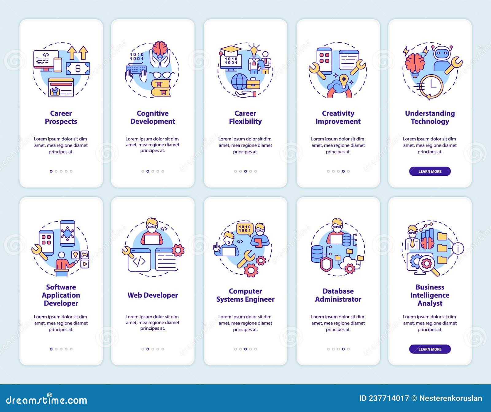 Coding Concepts Onboarding Mobile App Screen Set Stock Vector