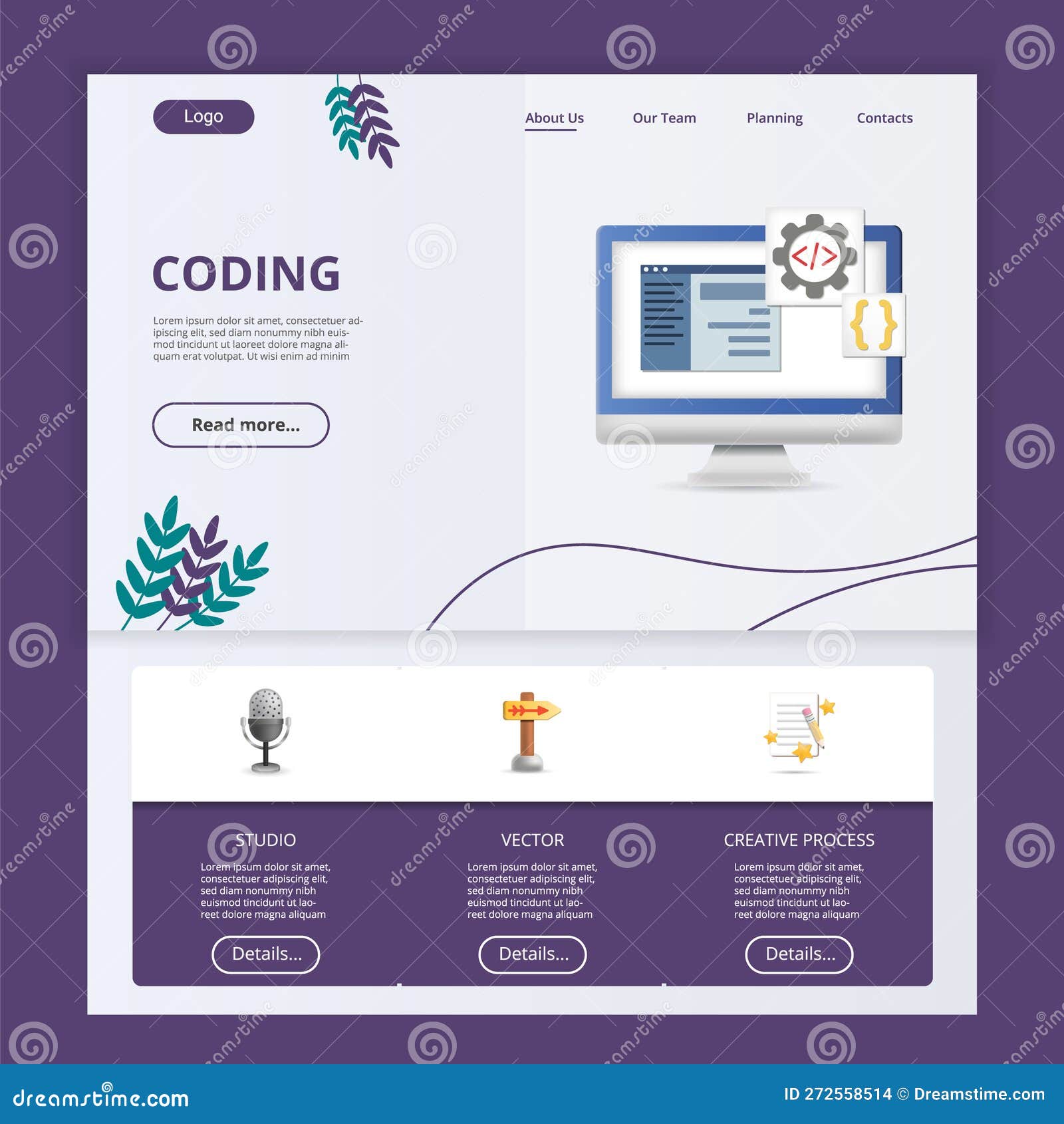 Coding Flat Landing Page Website Template. Studio, Vector, Creative ...