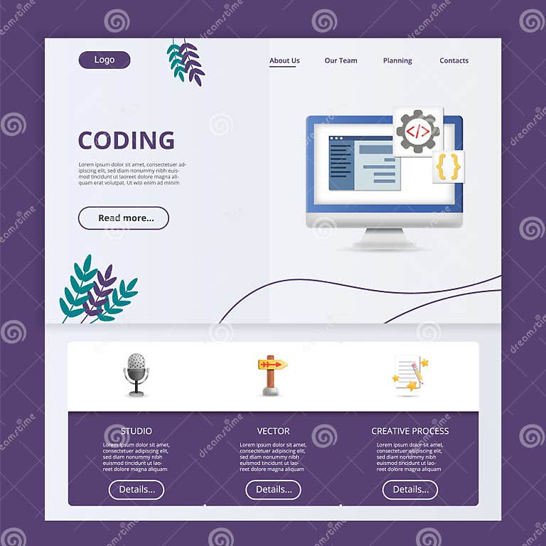 Coding Flat Landing Page Website Template. Studio, Vector, Creative ...
