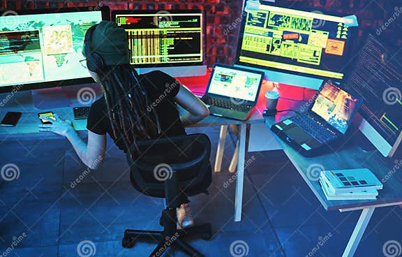 Coding, Hacker Woman and Computer for Cybersecurity, Programming and Big Data at Night. Digital ...