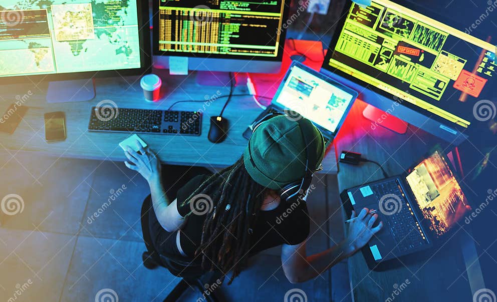 Coding Hacker, Woman Programmer and Computer Work for Cybersecurity, Programming and Big Data ...