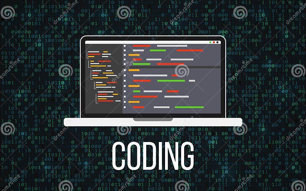 Coding Laptop Concept on Binary Background. Programming Desktop and ...