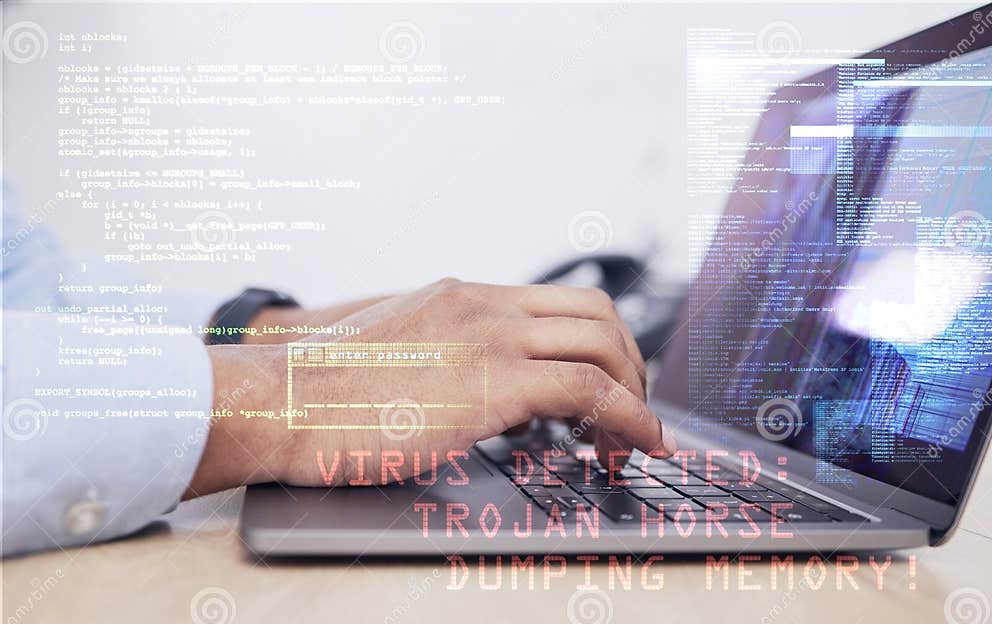 Coding, Laptop with Virus and Hands, Cybersecurity and Programmer Typing, Person and Software ...