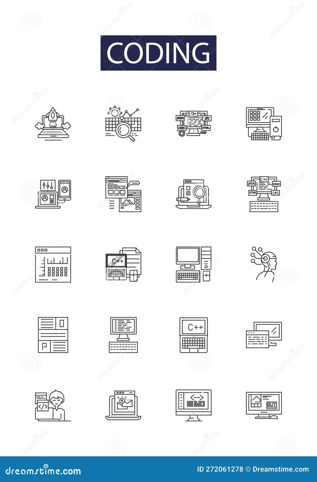 Coding Line Vector Icons and Signs. Coding, Development, Software, Engineering, Debugging ...