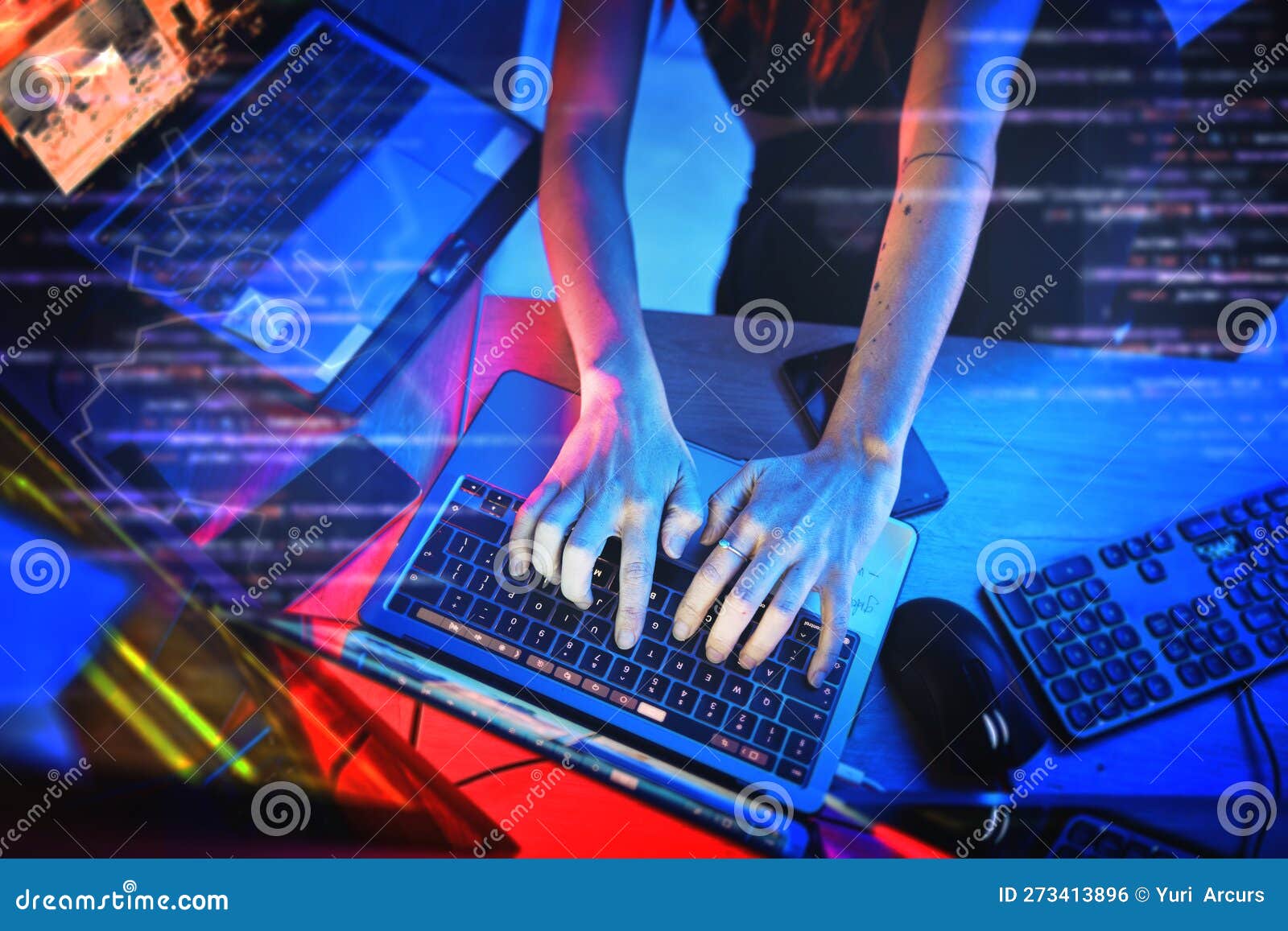 Coding at Night, Hacker Woman Hands and Computer for Cybersecurity, Programming and Big Data ...