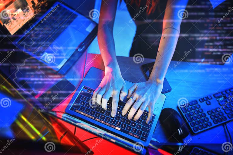 Coding at Night, Hacker Woman Hands and Computer for Cybersecurity ...