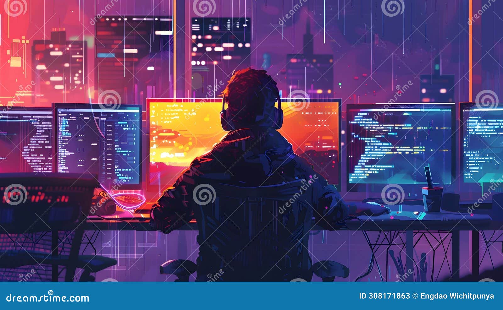 Coding at Night a Tech Workers Digital Canvas Stock Illustration ...