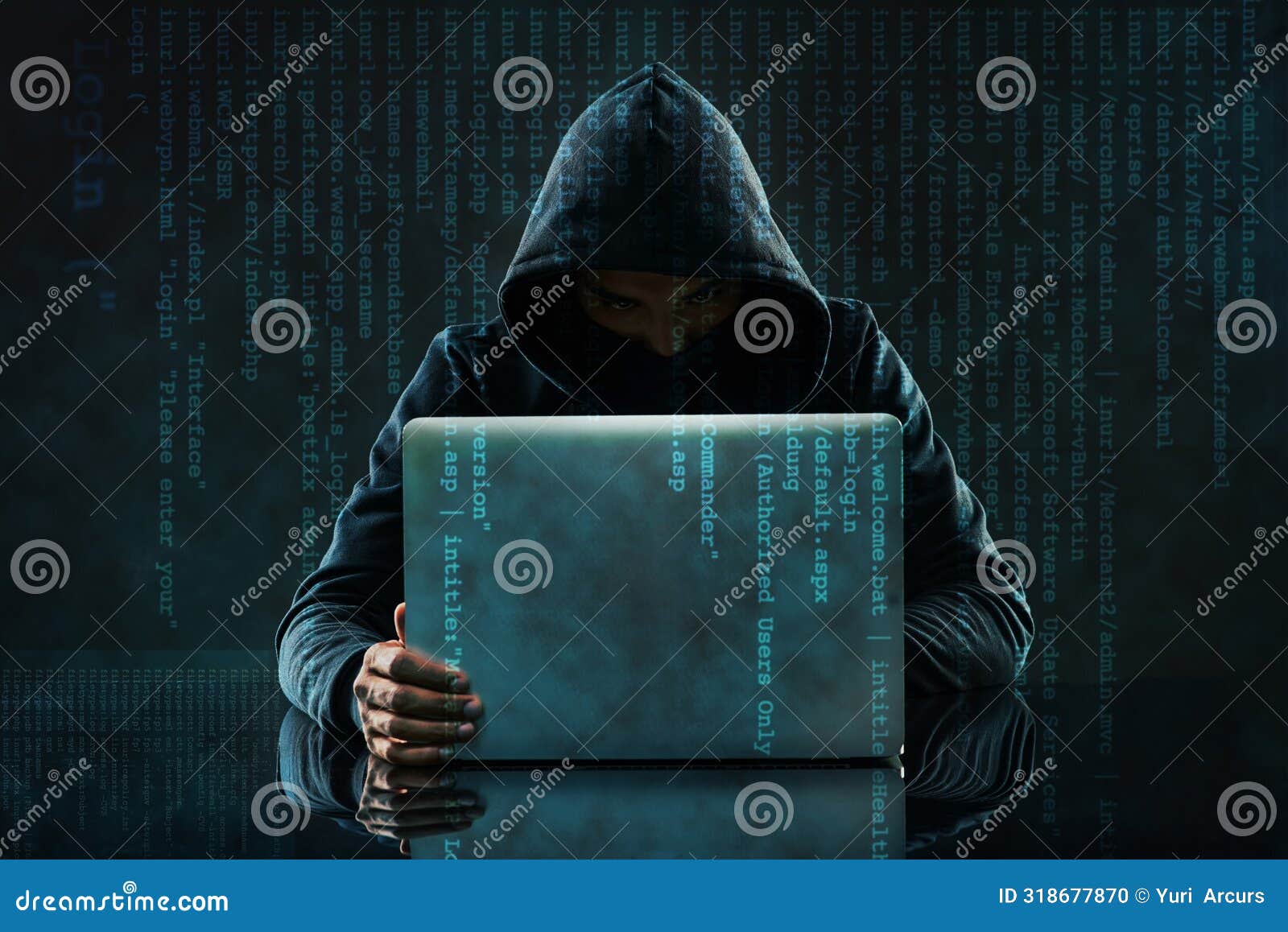 Coding Overlay And Hacker On Laptop In Dark For Programming Malware And Information Technology
