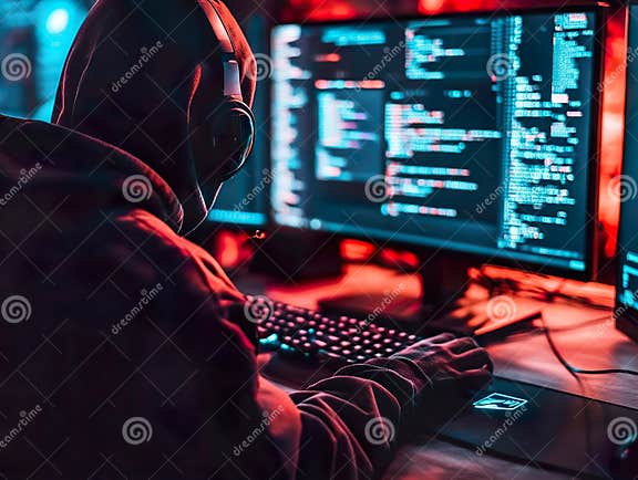 Coding Overlay And Hacker On Laptop In Dark For Programming Malware