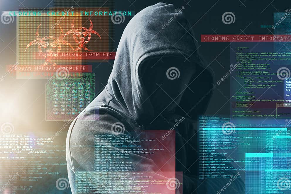 Coding Overlay Hacker And Man In Dark For Programming Upload Virus And Information Technology