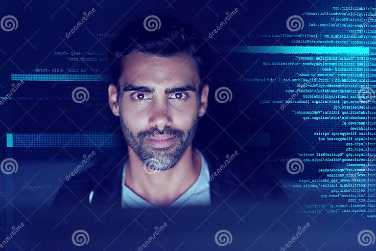 Coding, Overlay and Man at Night on Computer for Programming, Software and Information ...