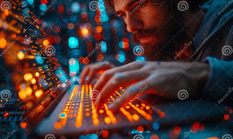 Coding Programmer Working on Laptop with Circuit Board and Javascript on Virtual Screen ...