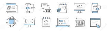 Coding and Programming Doodle Icons Vector Set Stock Vector - Illustration of file, coding ...