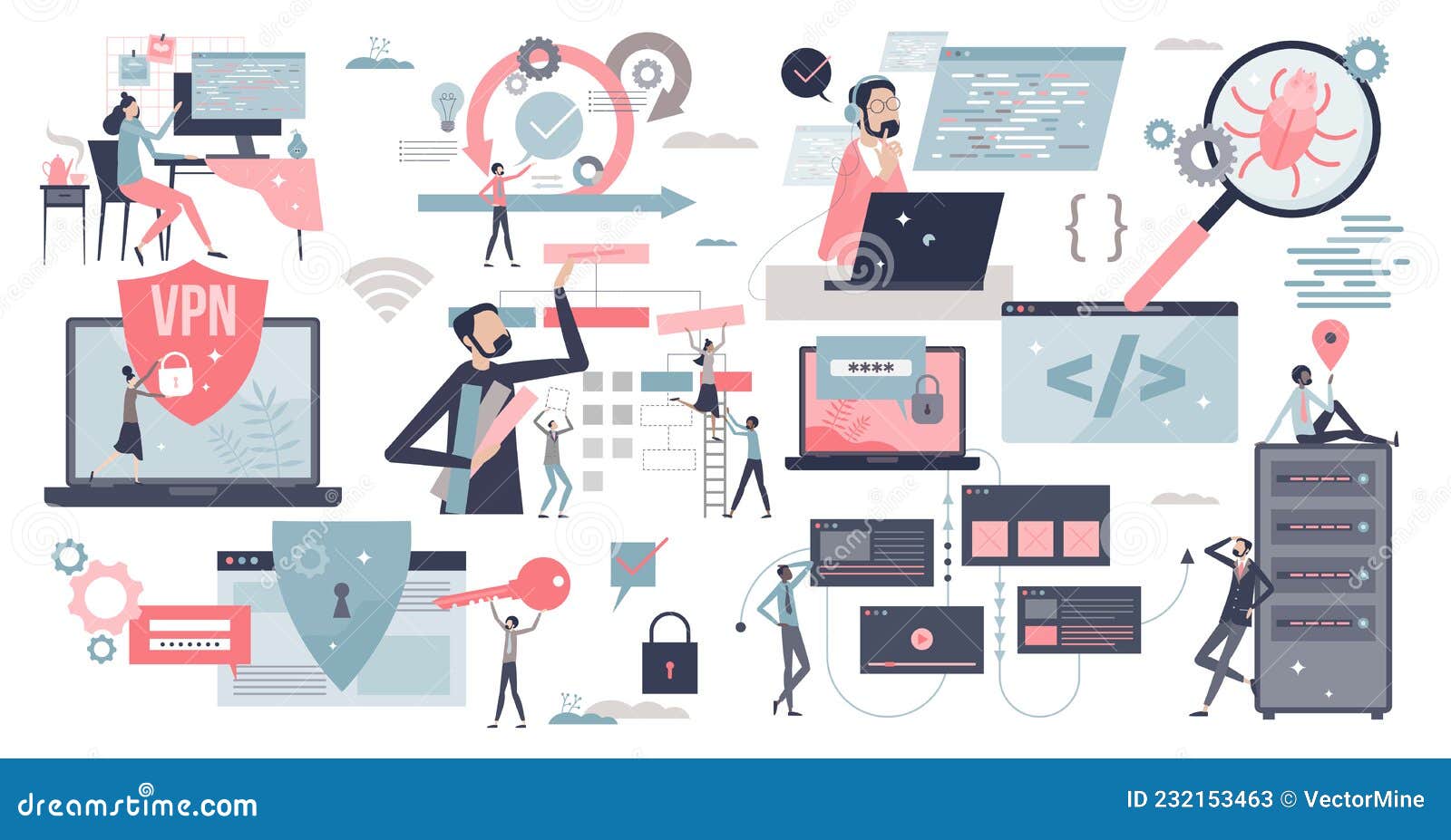 Coding And Programming Elements For Secure Network Tiny Person Collection Set Stock Vector
