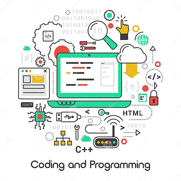 Coding and Programming Line Art Thin Icons Stock Vector - Illustration ...